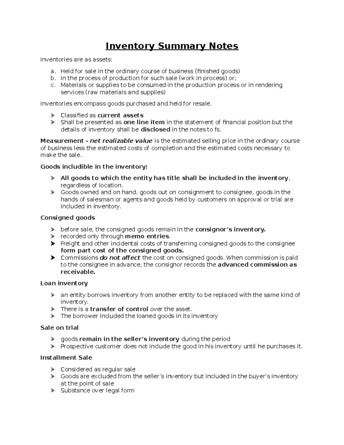 Inventory summary notes - Inventory Summary Notes Inventories are as ...
