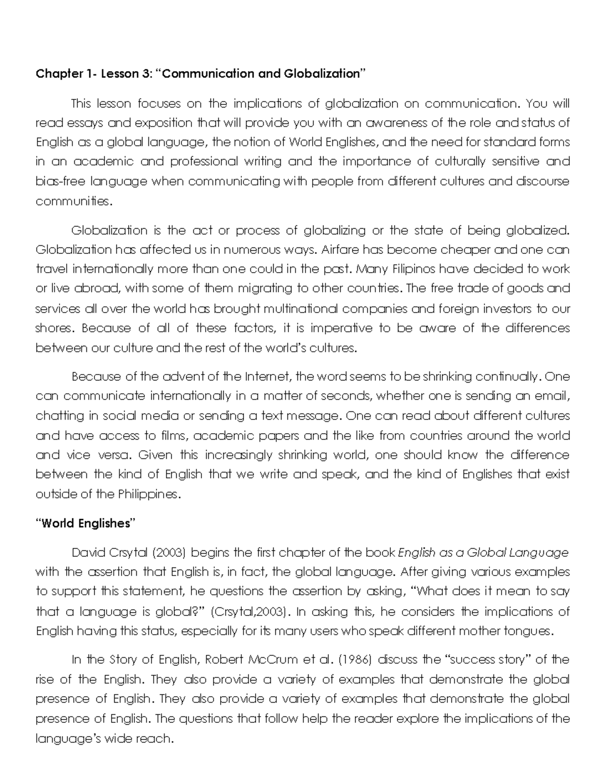 COM 101 - Lesson 3: The Impact of Globalization on Communication - Studocu