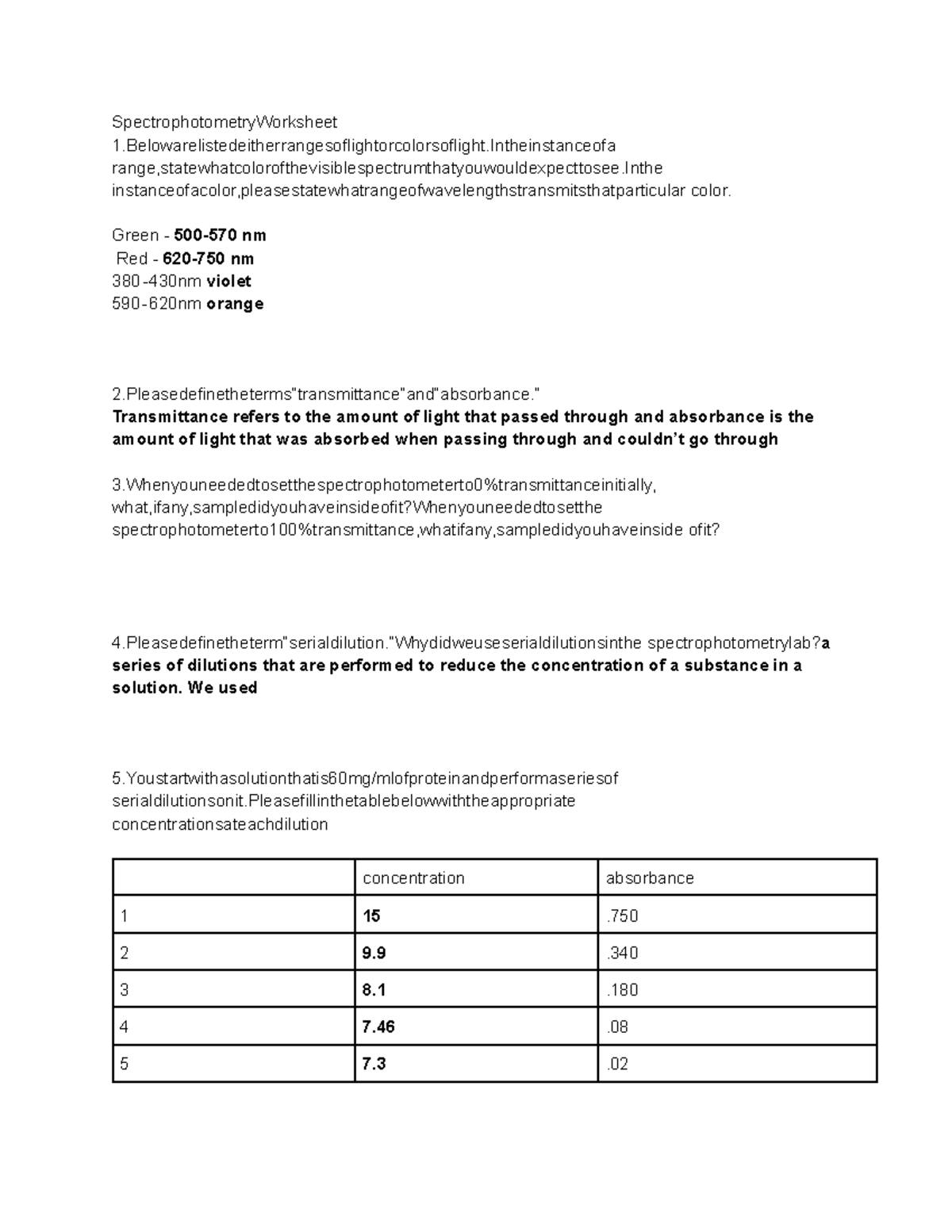 Copy of Spectrophotometry Worksheet 1 - SpectrophotometryWorksheet ...