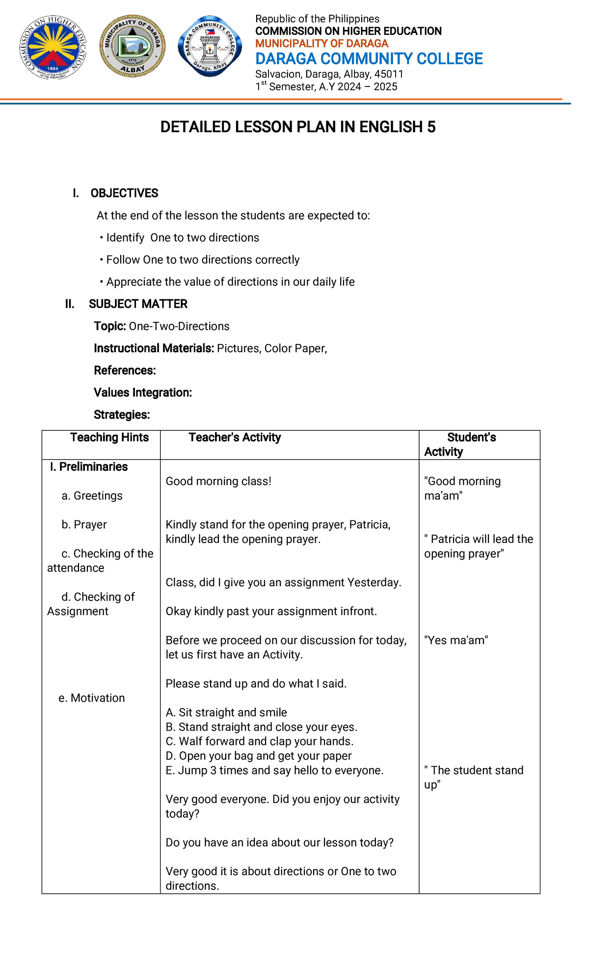 Detailed lesson plan in English 5 for 1st semester A.Y. 2024-2025 - Studocu