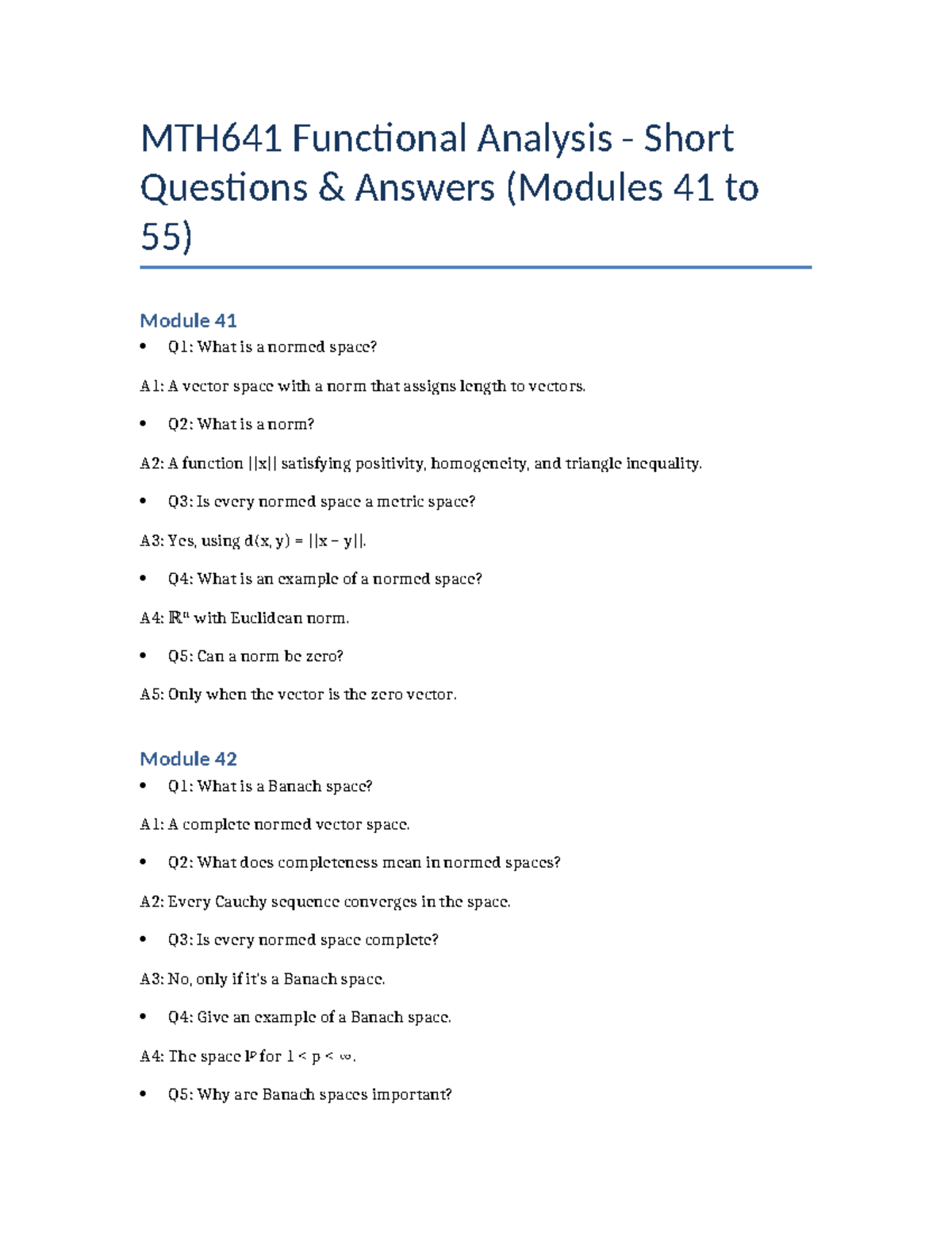 MTH641 Functional Analysis Short Questions & Answers (Modules 41-55) - Studocu
