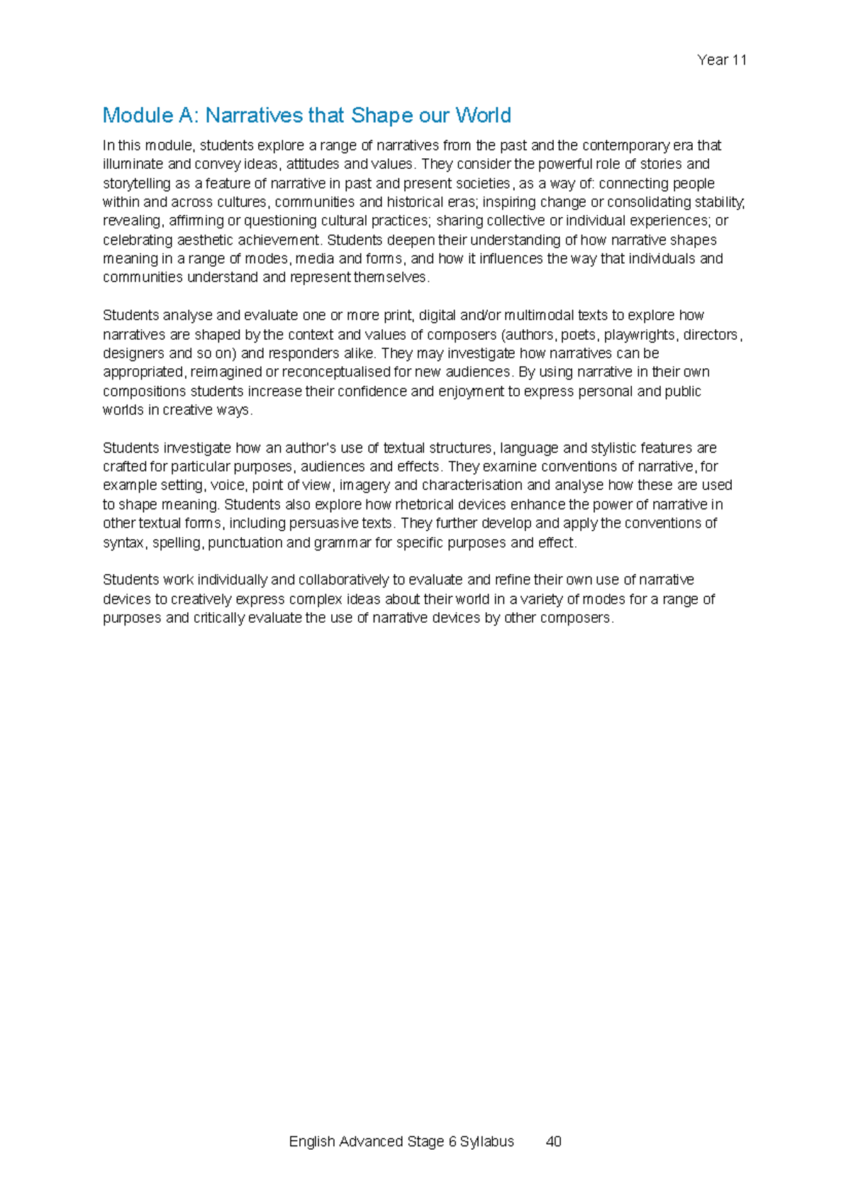 Year 11 English Advanced: Module A Narrative Rubric - Studocu