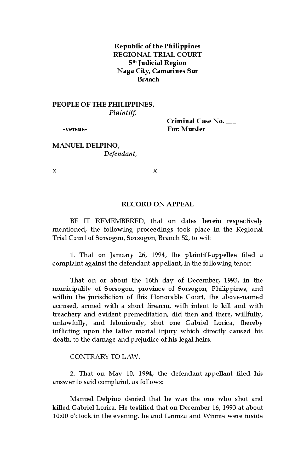 Record on Appeal: Criminal Case No. for Murder - Delpino v. People ...