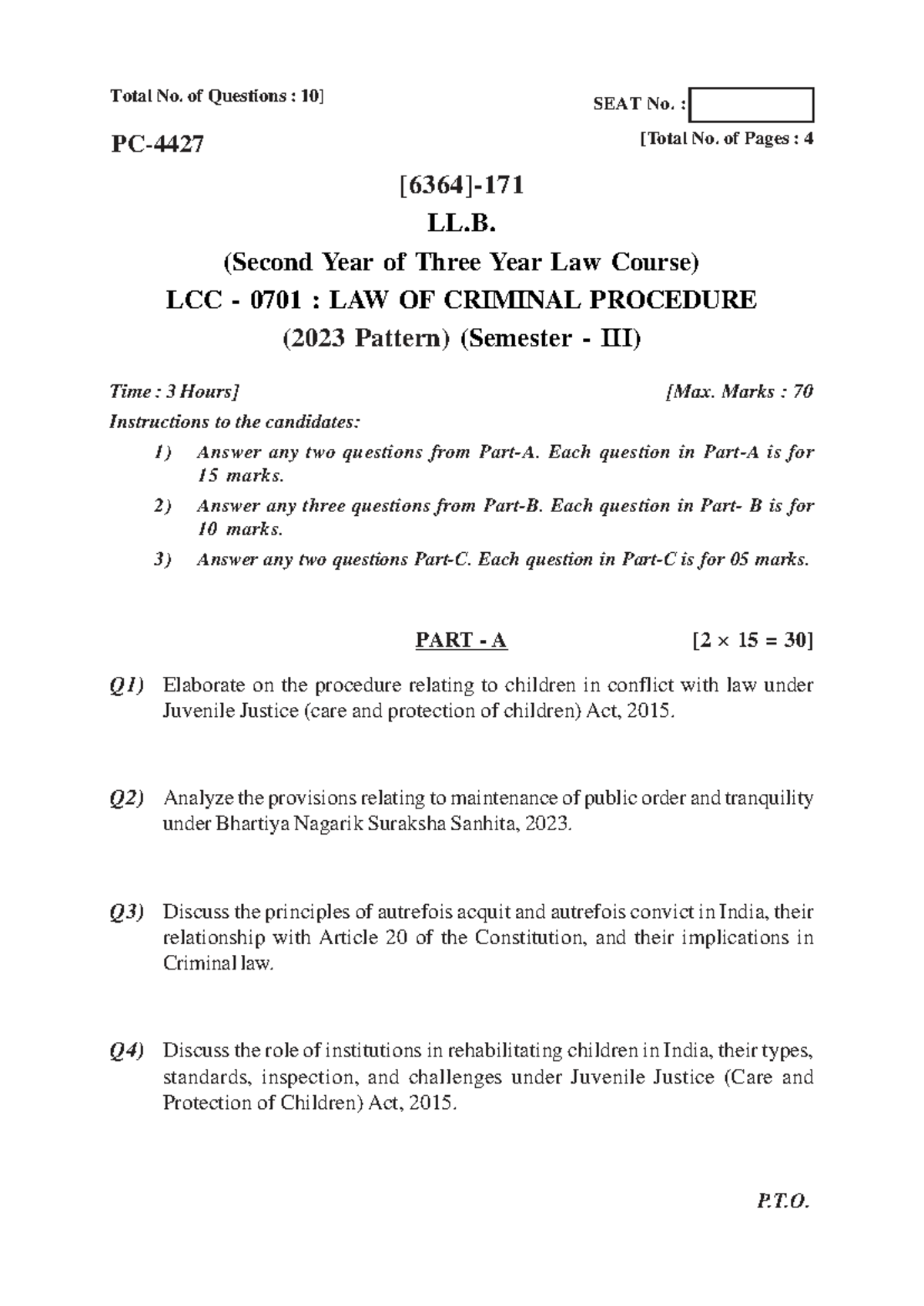 LL.B November 2024 Law Question Papers: LCC-0701, LCC-0702, LDSE-0705 ...