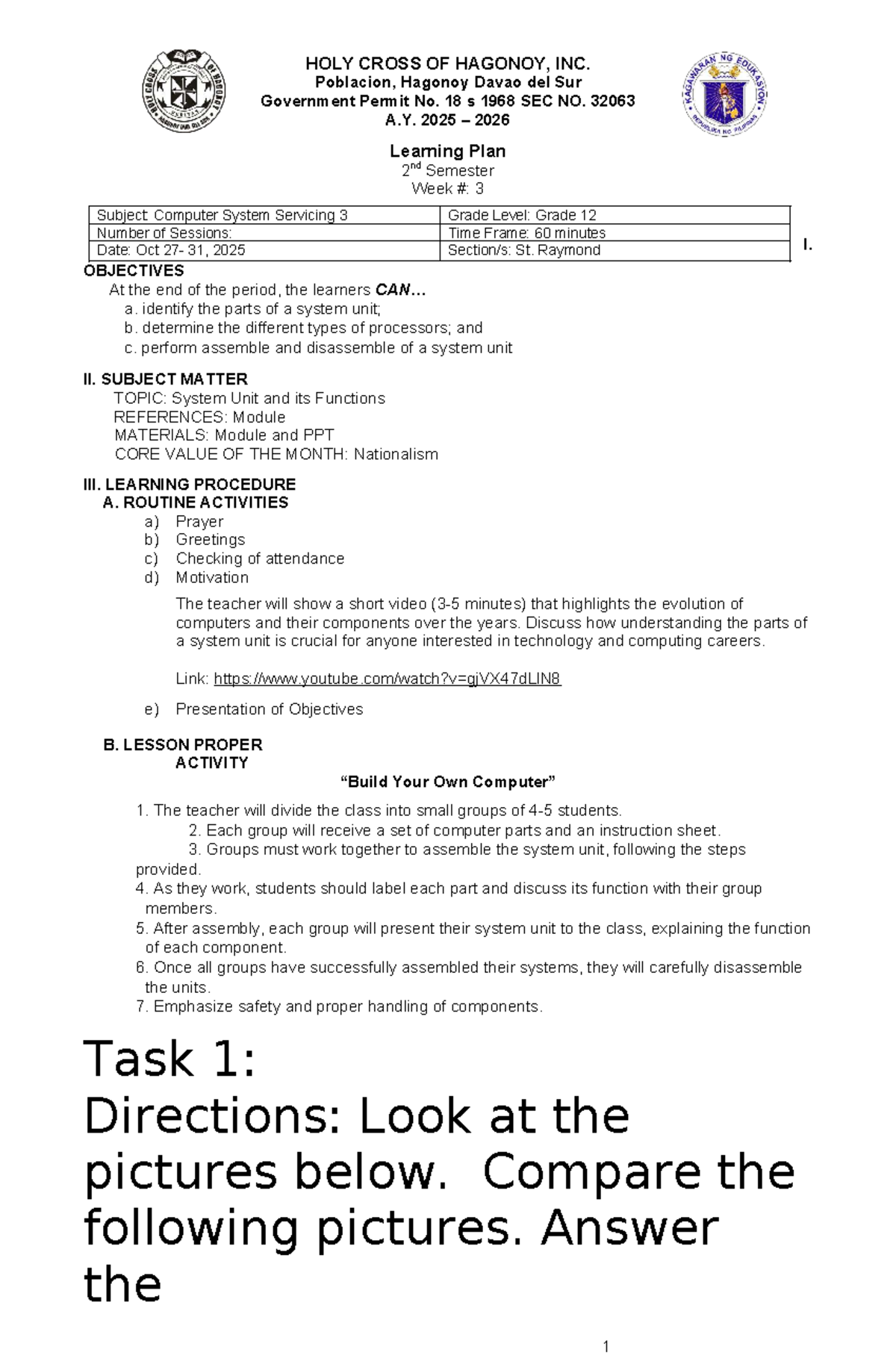 Lesson Plan: Computer System Servicing 3 (Grade 12) - Week 3 - Studocu