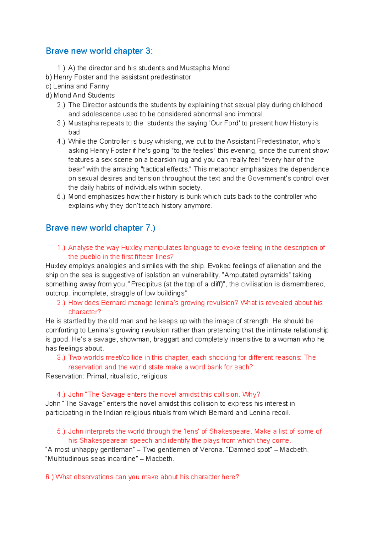 Brave New World (BNW) Study Questions: Chapters 3, 7, 8, & 18 Guide ...