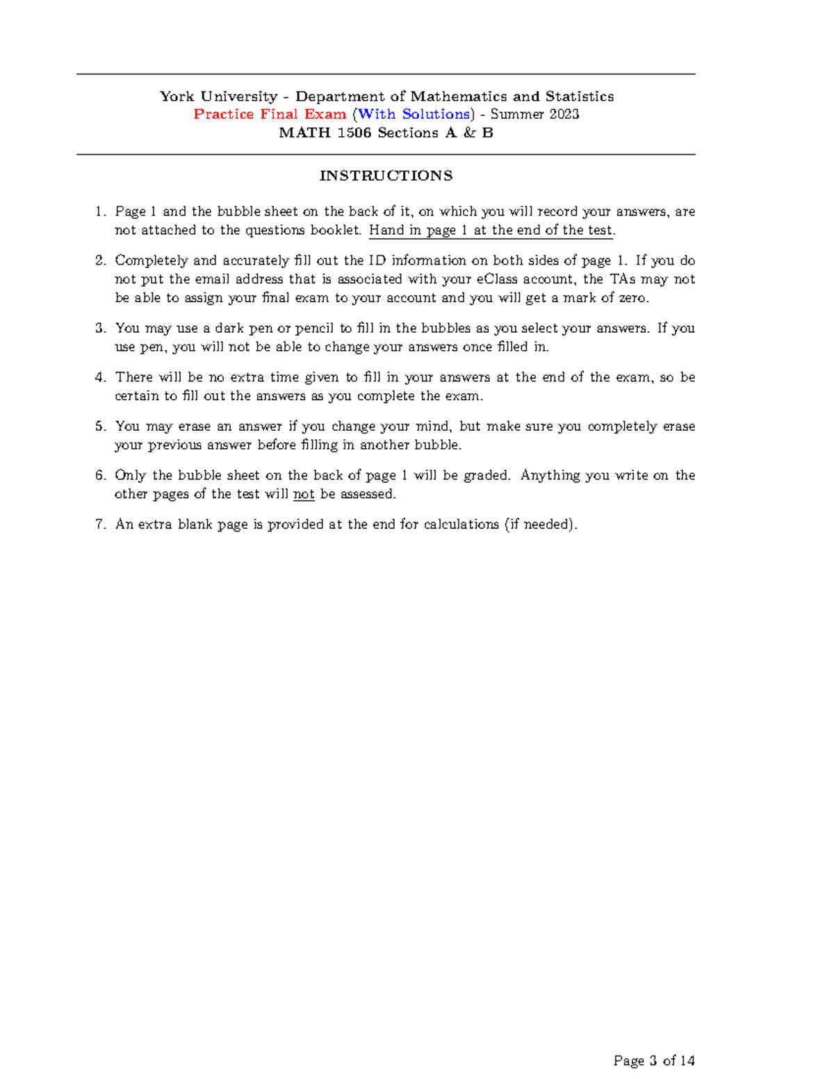 MATH 1506 Practice Final Exam Solutions - Summer 2023 - Studocu