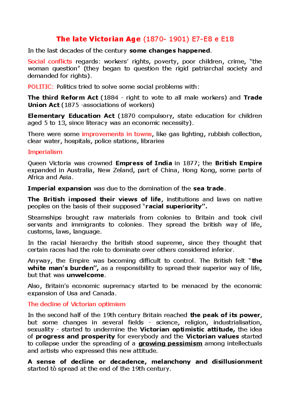 English - Riassunto: Late Victorian Age Analysis E7-E8 E - Studocu