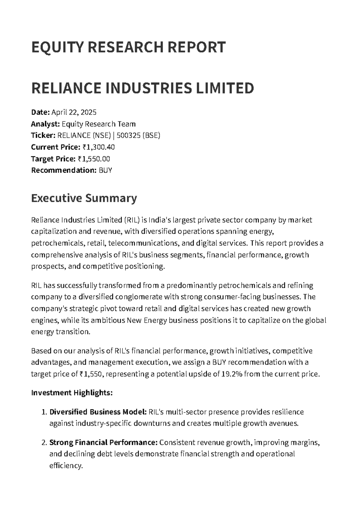 EQUITY RESEARCH REPORT: RELIANCE INDUSTRIES LIMITED (RELIANCE) - BUY ...