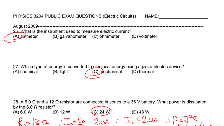 PHYSICS 3204 PUBLIC EXAM QUESTIONS (Electric Circuits) - ANSWERS - Studocu