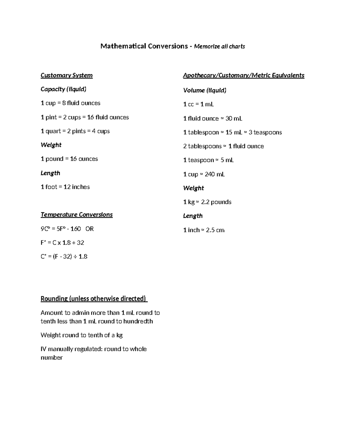 Mathematical Conversions: Customary System Equivalents Guide - Studocu