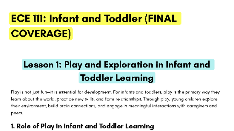 ECE 111 Infant and Toddler Final Exam Coverage: Play, Guidance, and ...