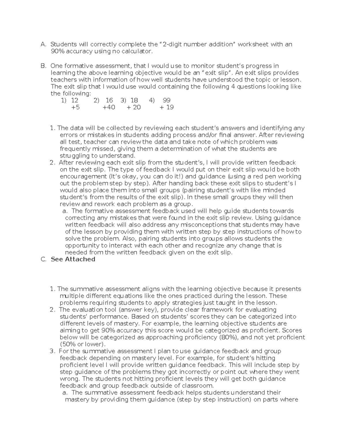 KPM4 TASK 1 - A. Students will correctly complete the “2-digit number addition” worksheet with ...