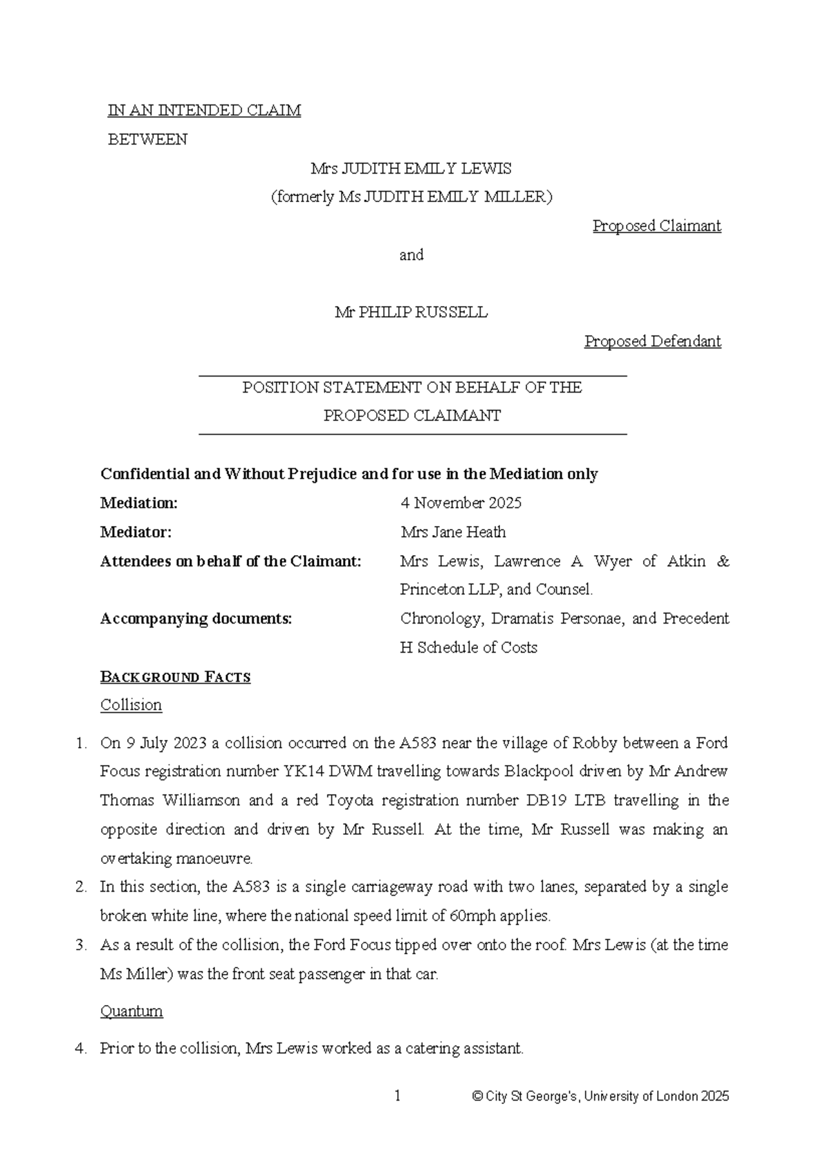 Lewis v Russell Mediation Position Statement - 4 Nov 2025 - Studocu