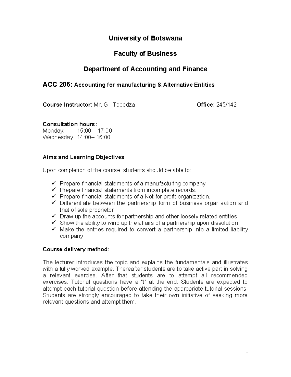 ACC 206 Course Outline: Accounting for Manufacturing & Alternative ...