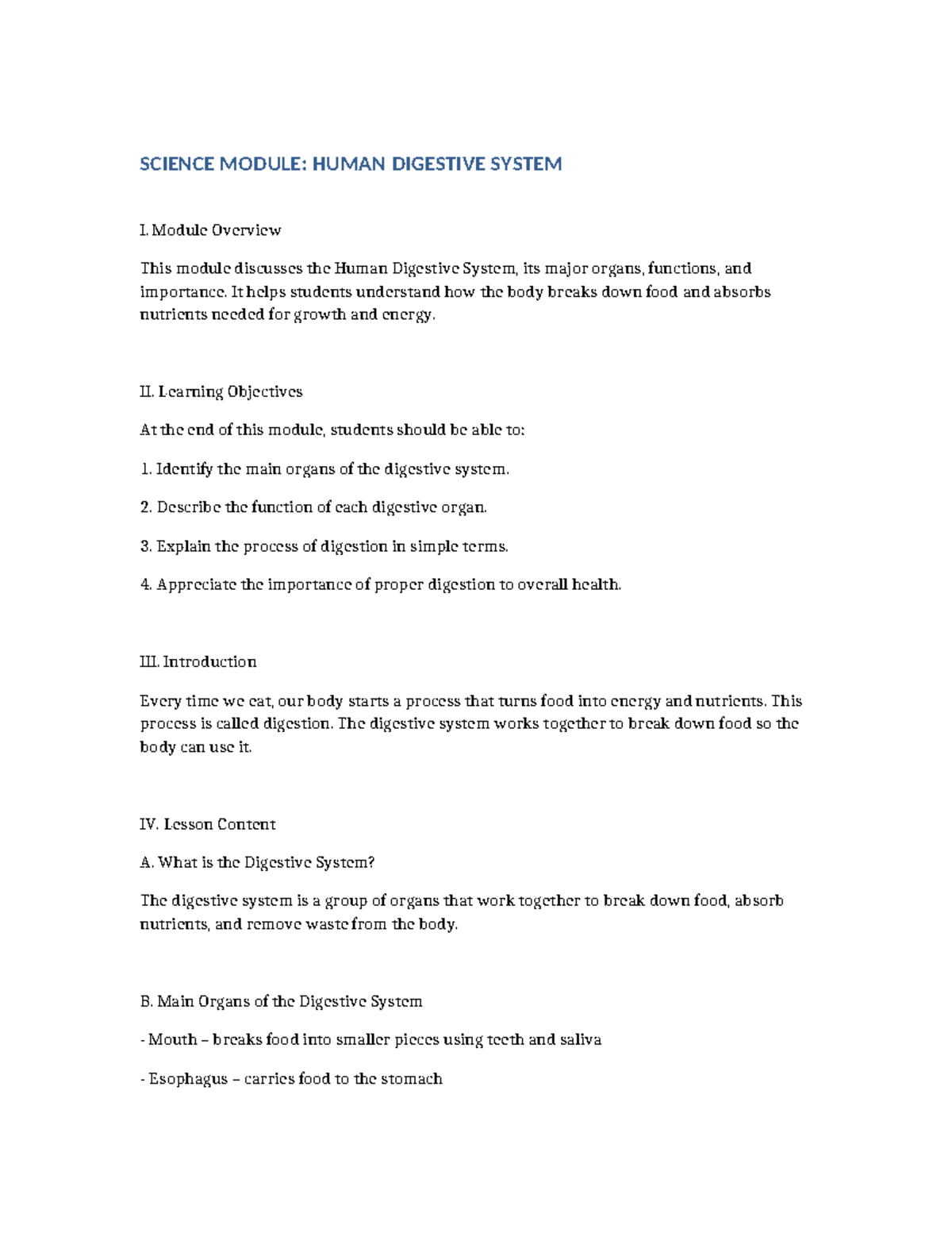 SCI 101: Human Digestive System Module Overview and Learning Objectives ...