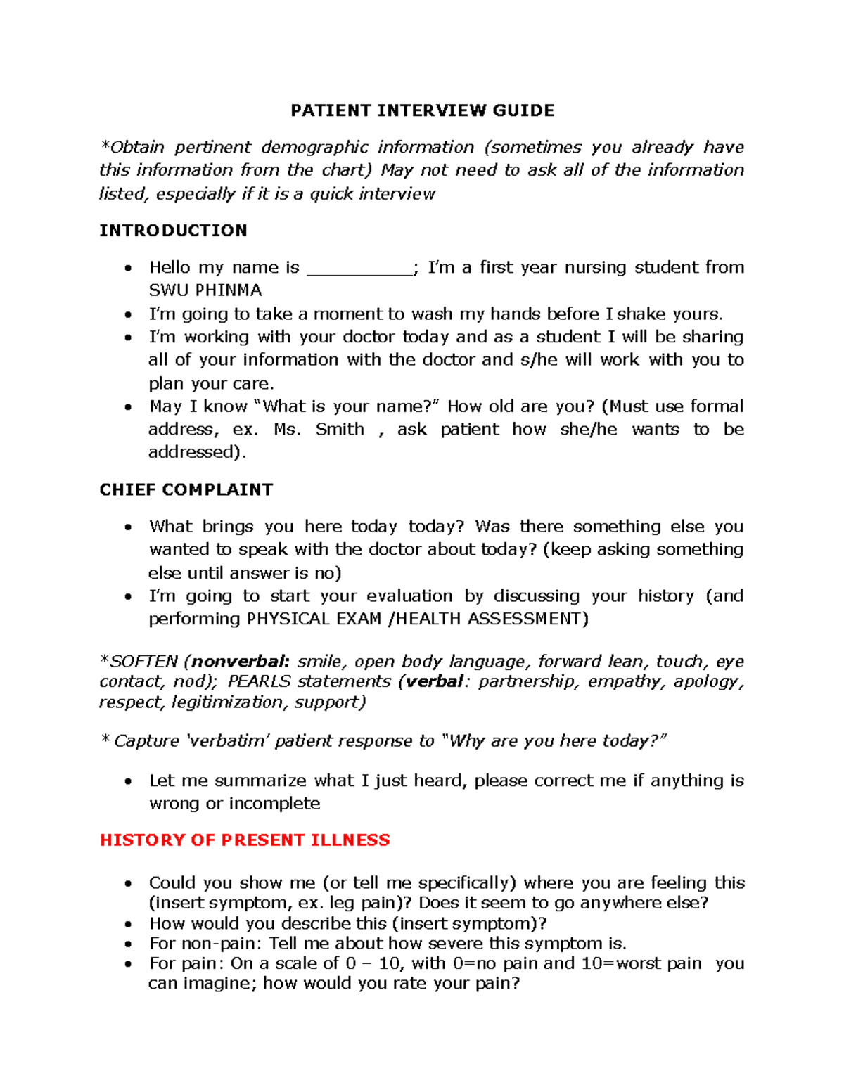 Patient Interview Guide - PATIENT INTERVIEW GUIDE *Obtain pertinent ...