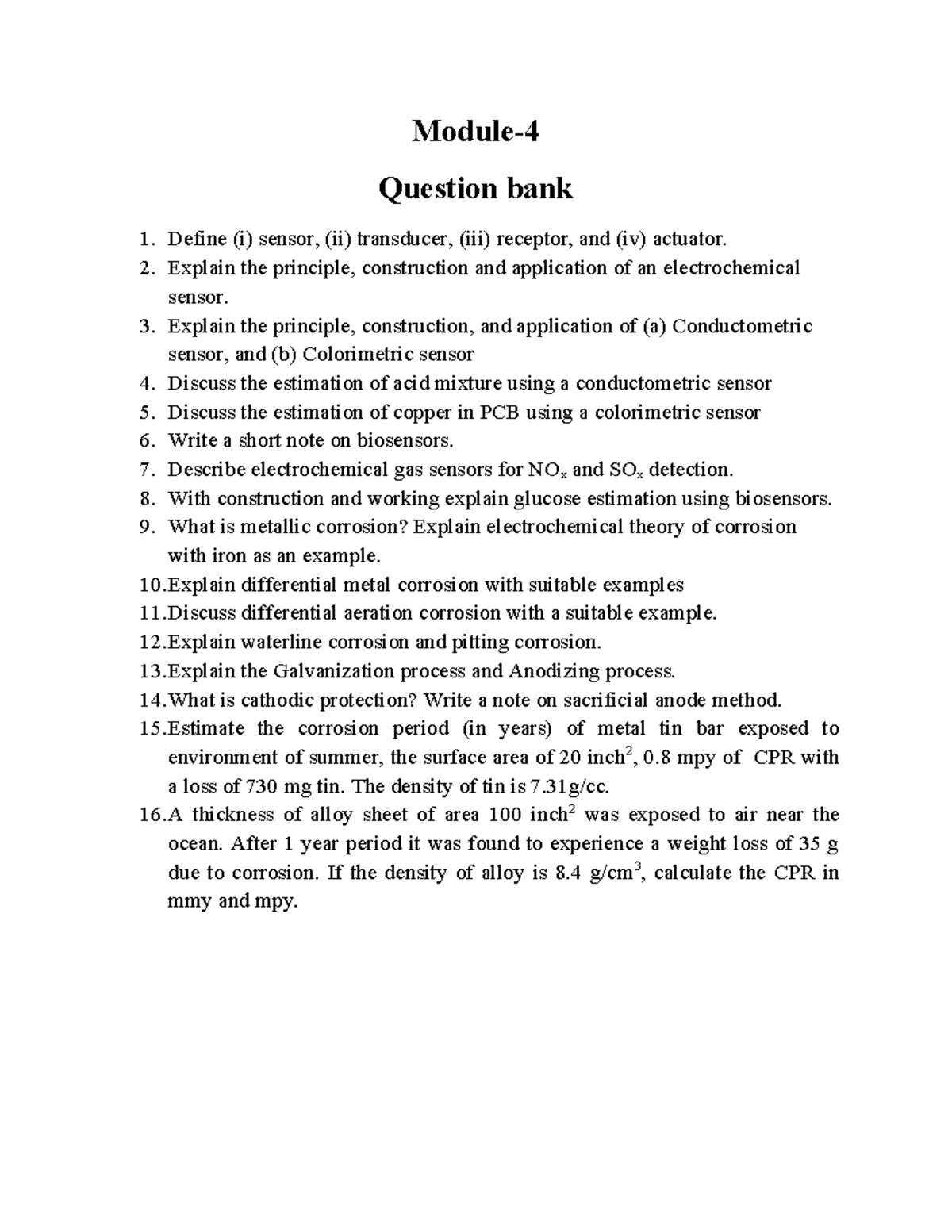 Module 4 Question Bank - CSE Stream: Sensors & Corrosion Topics - Studocu