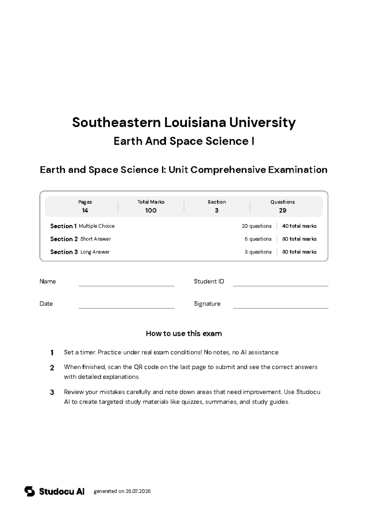 Earth and Space Science I: Unit Comprehensive Exam - Studocu