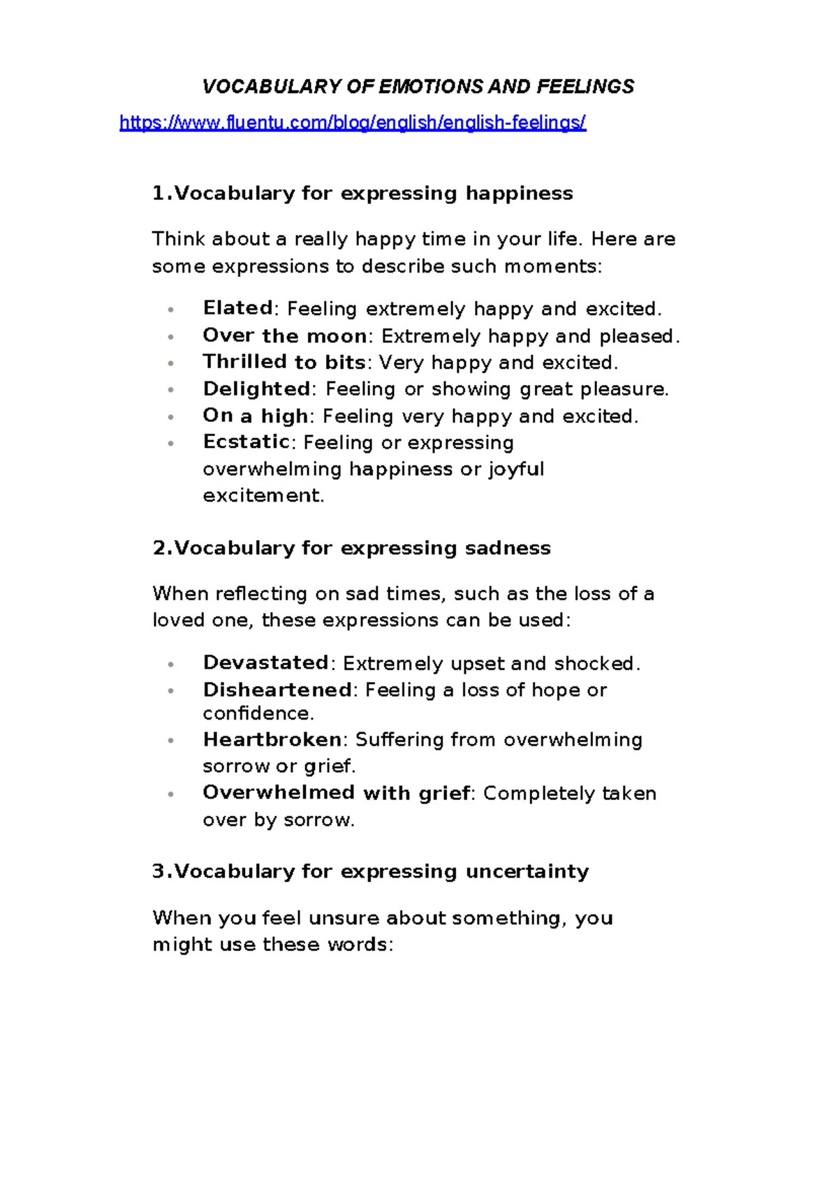 VOCABULARY OF EMOTIONS AND FEELINGS: EXPRESSIONS & DESCRIPTIONS - Studocu