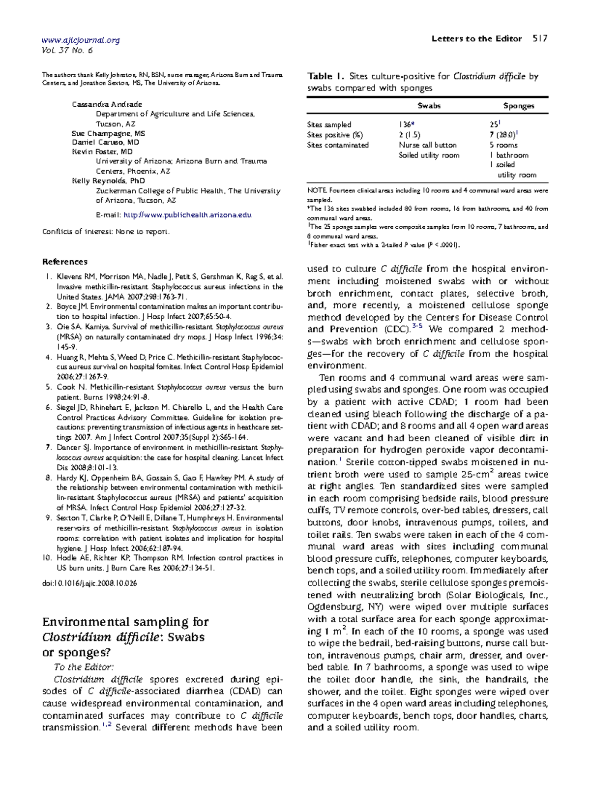 Environmental sampling for em Clostridium diffici - The authors thank ...