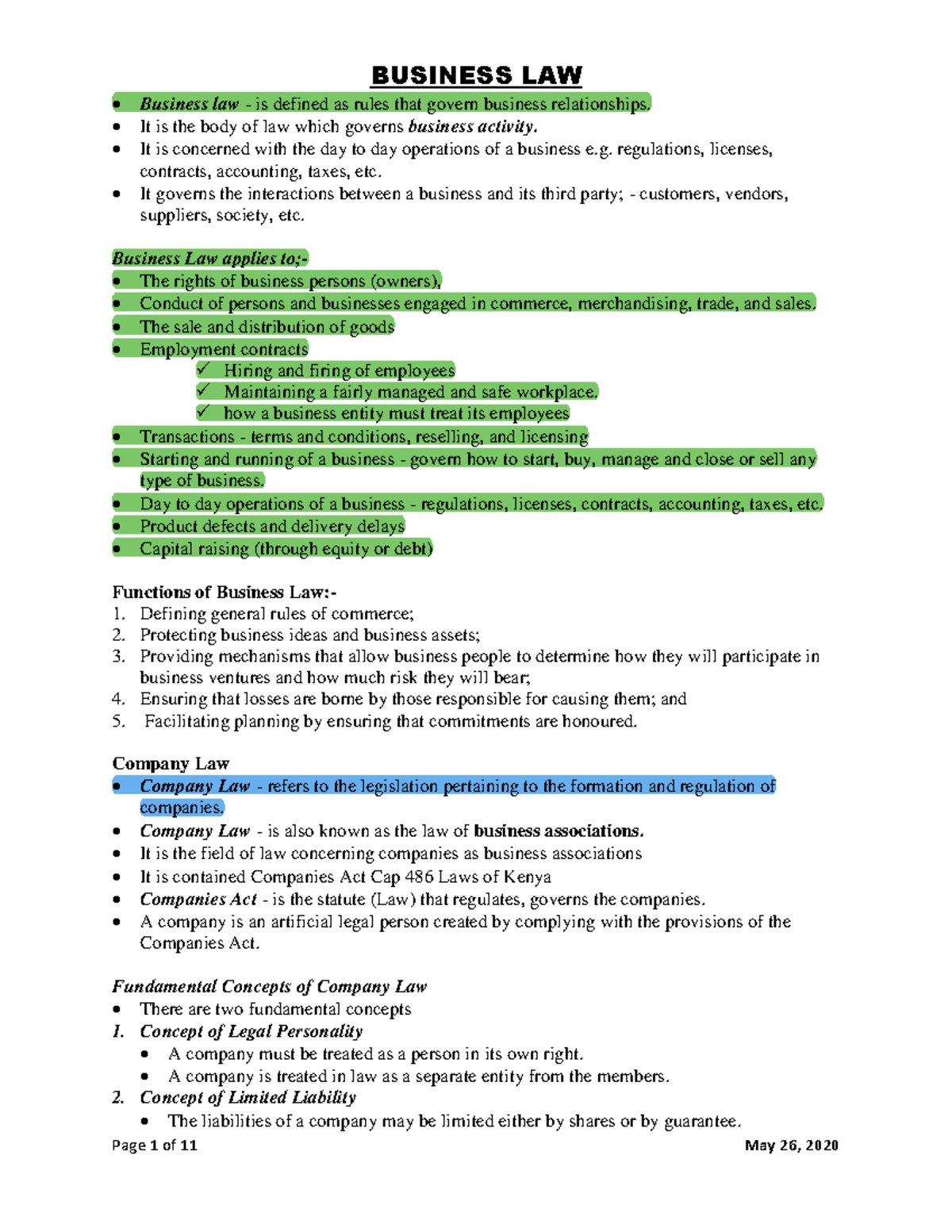 BUSINESS LAW (BL 101) Comprehensive Study Notes - Studocu