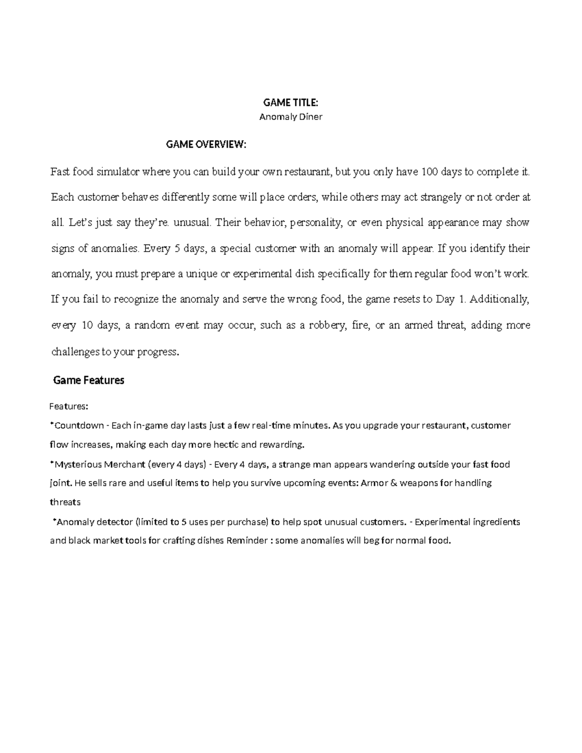 GAME 3 Proposal: Anomaly Diner - Fast Food Simulator Overview - Studocu