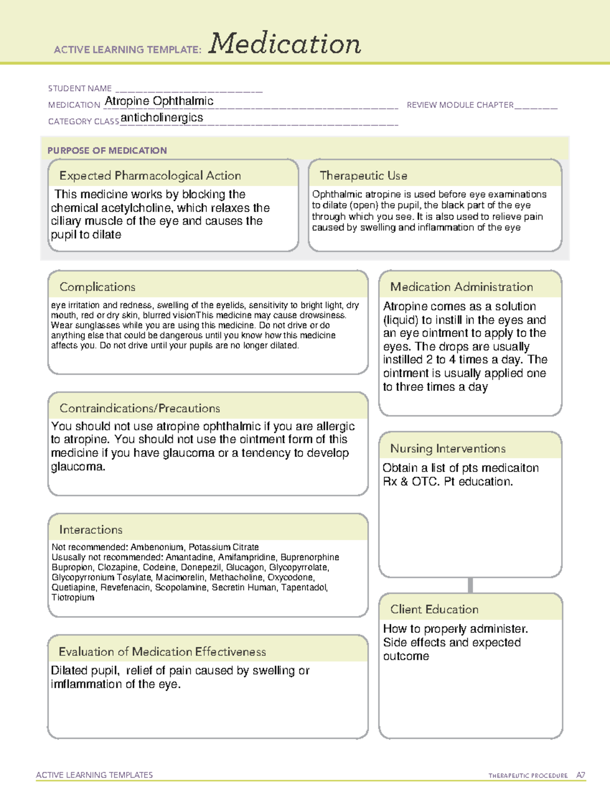 Atrophine Ophthalmic ATI Med Template: Active Learning Guide - Studocu