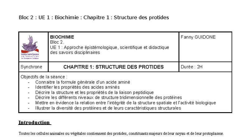 Chapitre 1 : Structure des Protides - BIOCHIMIE Bloc 2 : UE 1 - Studocu
