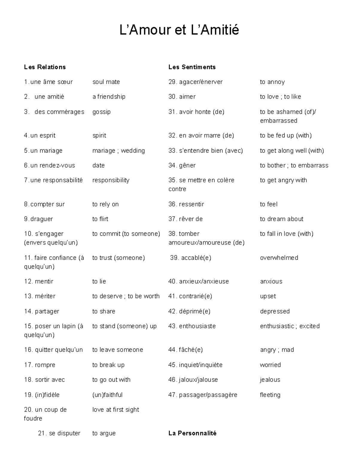 Vocabulaire: Amours et Amitiés pour le Cours de Français - L’Amour et L ...