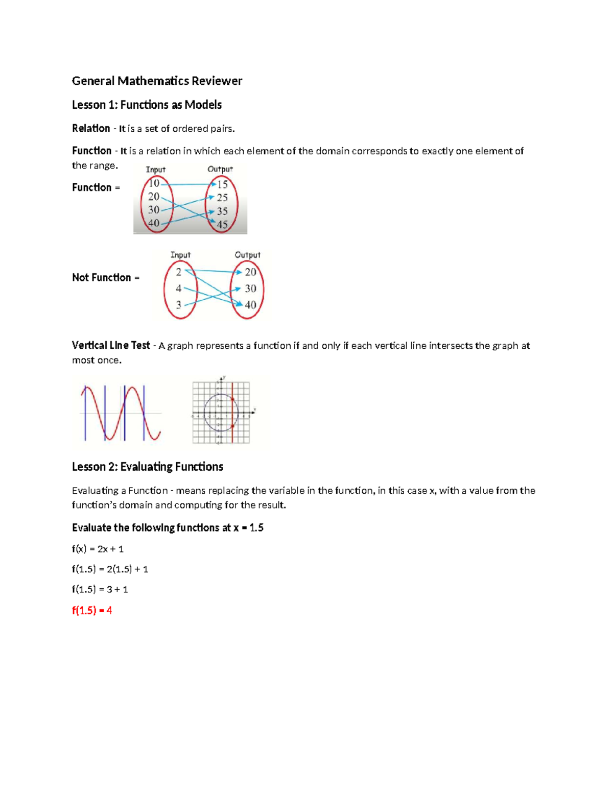 General Mathematics Reviewer: Functions, Evaluations & Operations - Studocu