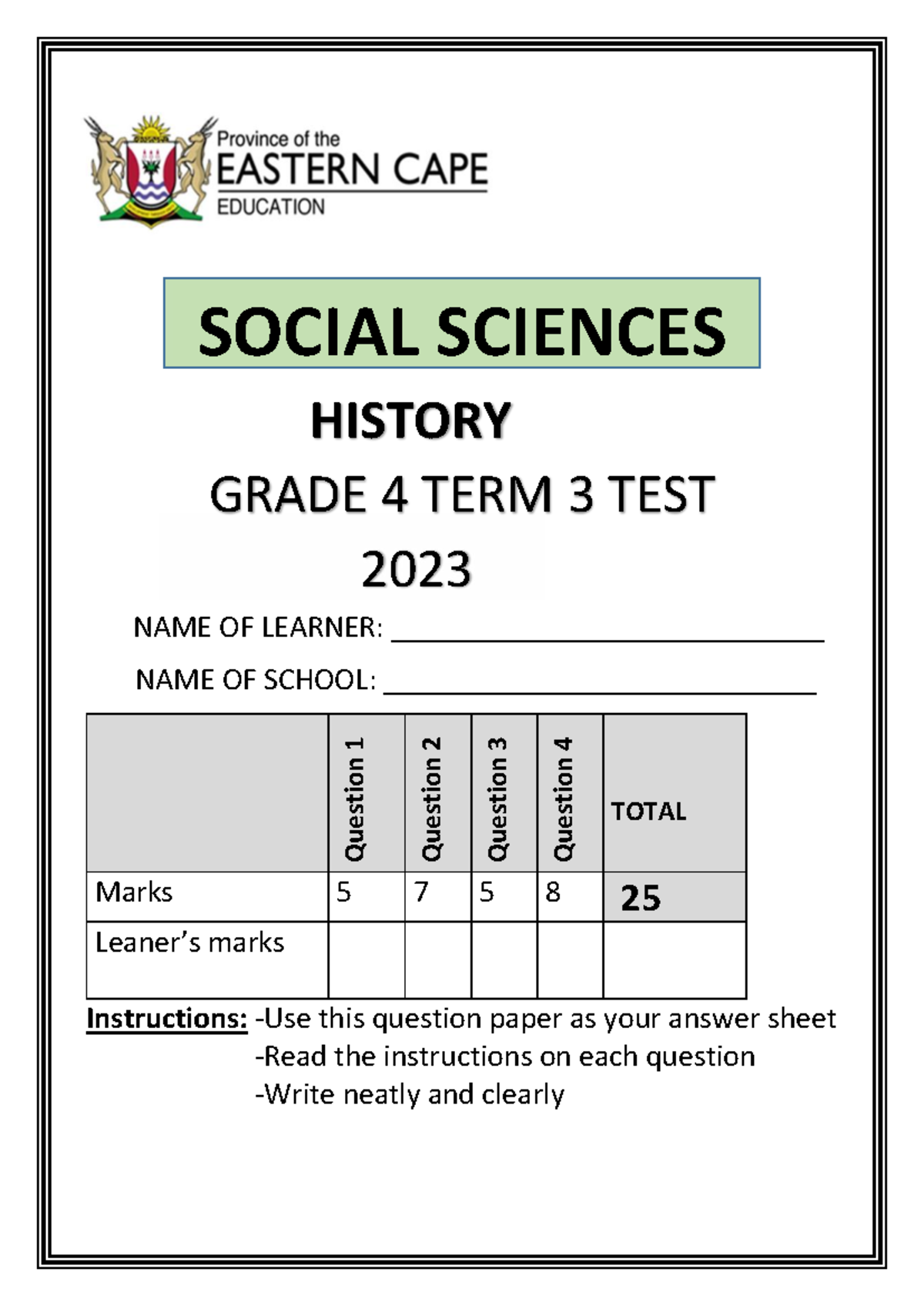 SS Grade 4 History: Transport Through Time - Term 3 Test 2023 - Studocu
