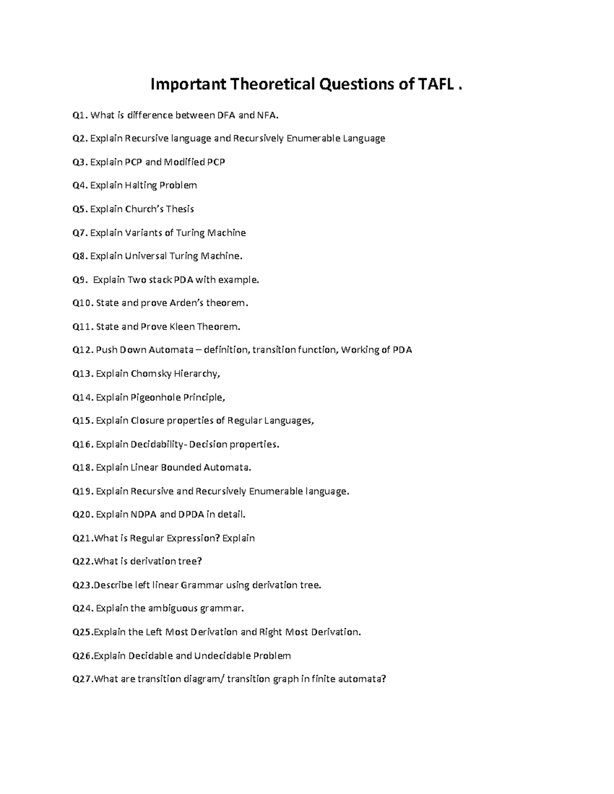 Important Theoretical Questions for TAFL Exam Review - Studocu