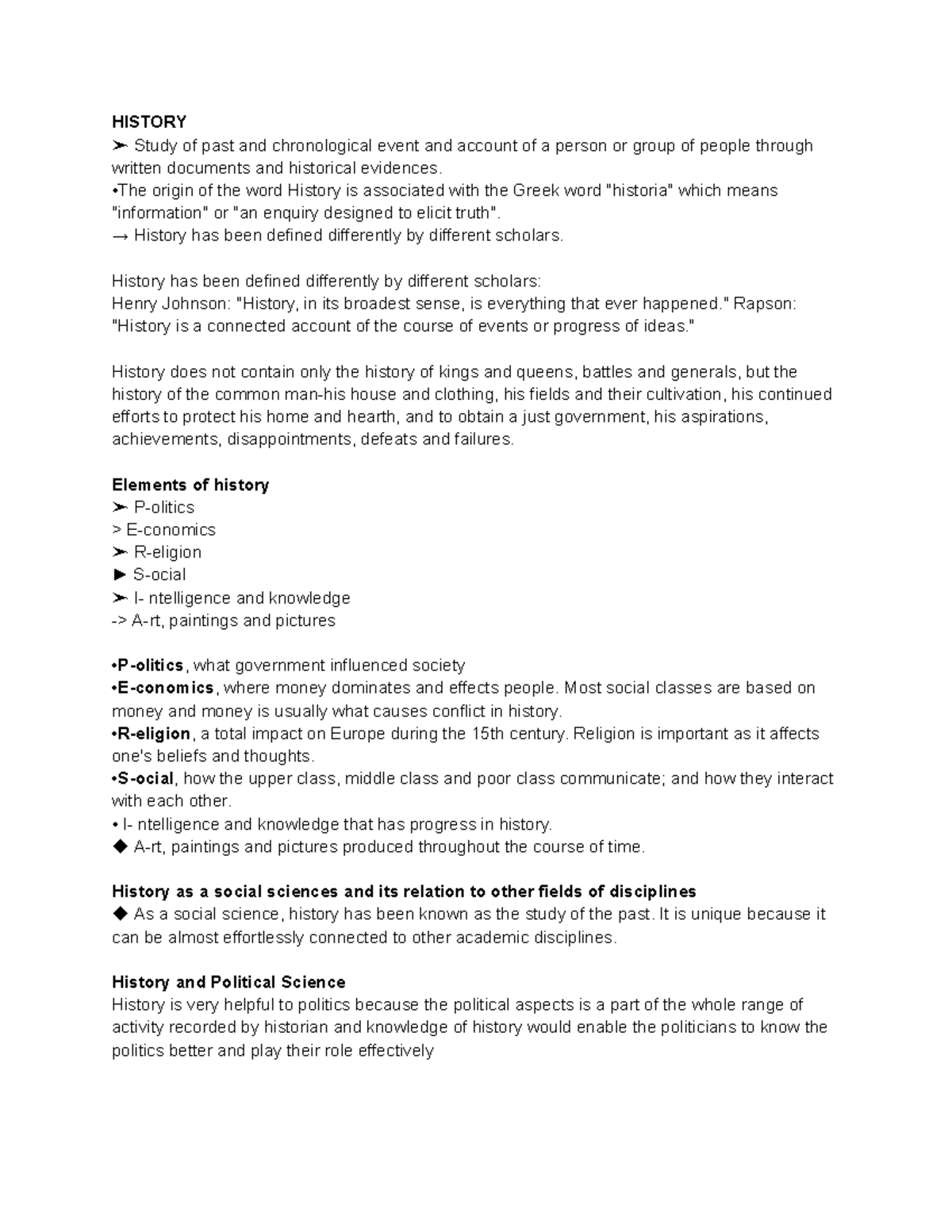 HIST 101: Elements of History and Its Social Science Connections - Studocu