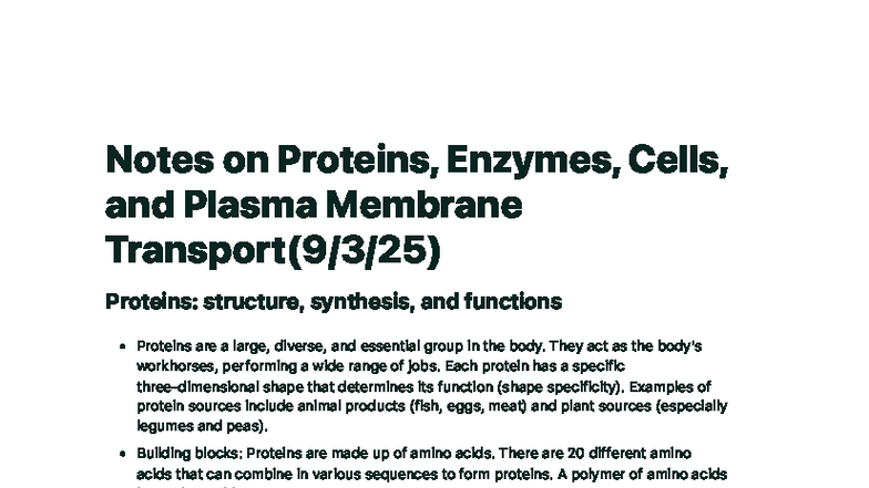 Notes on Proteins, Enzymes, and Plasma Membrane Transport (BIOL 101 ...