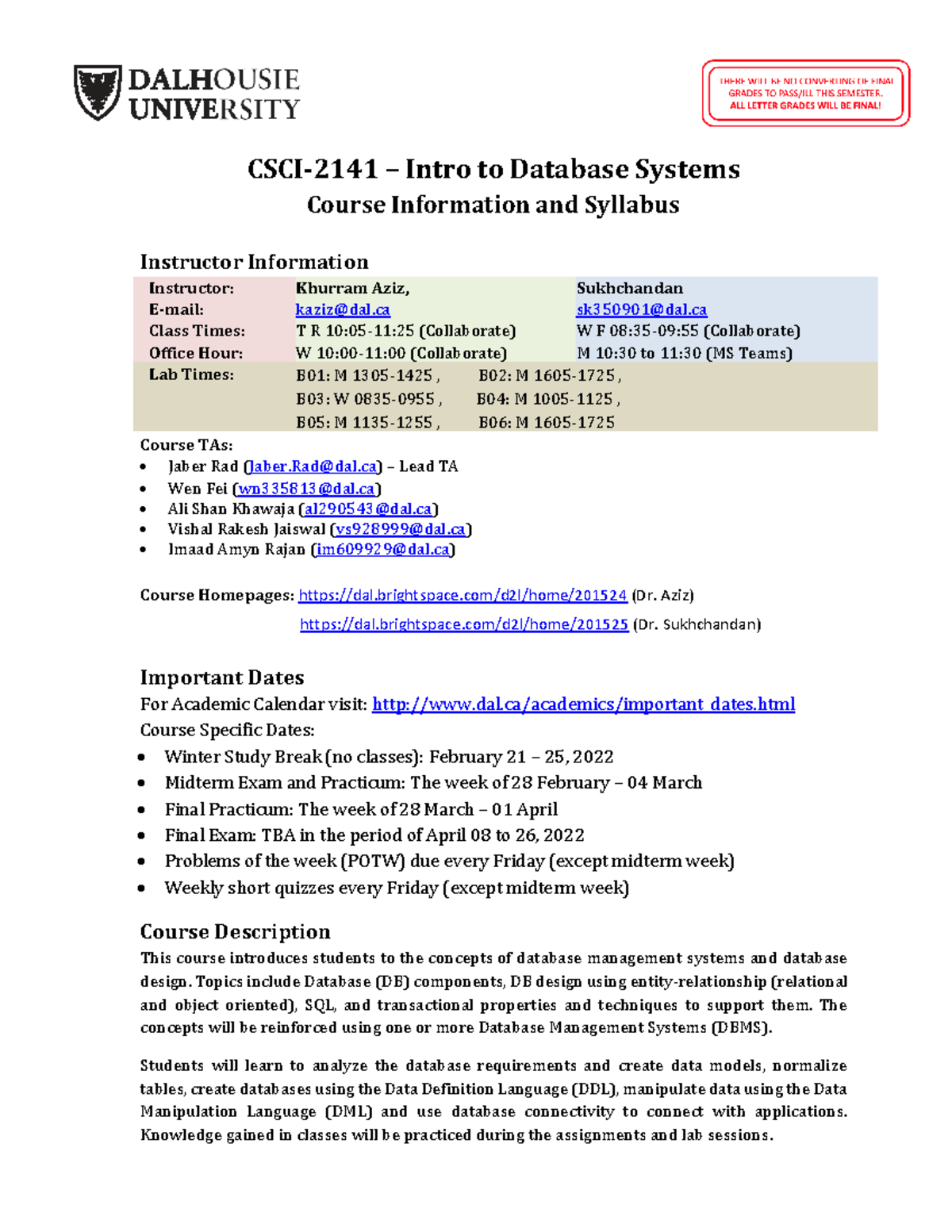 CSCI 2141 - Intro to Database Systems Course Outline and Syllabus - Studocu
