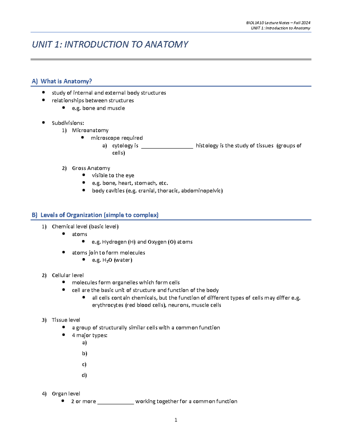 Intro to Anatomy - BIOL1410 Lecture Notes – Fall 2024 UNIT 1 ...
