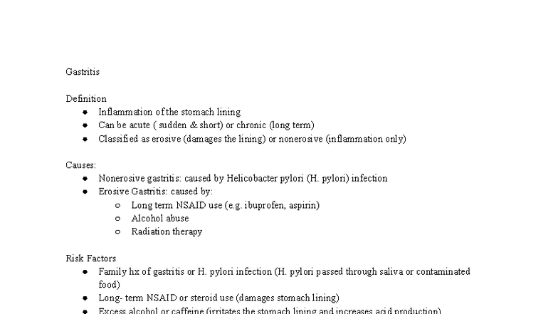 Gastritis Overview: Causes, Symptoms, and Nursing Care Notes - Studocu