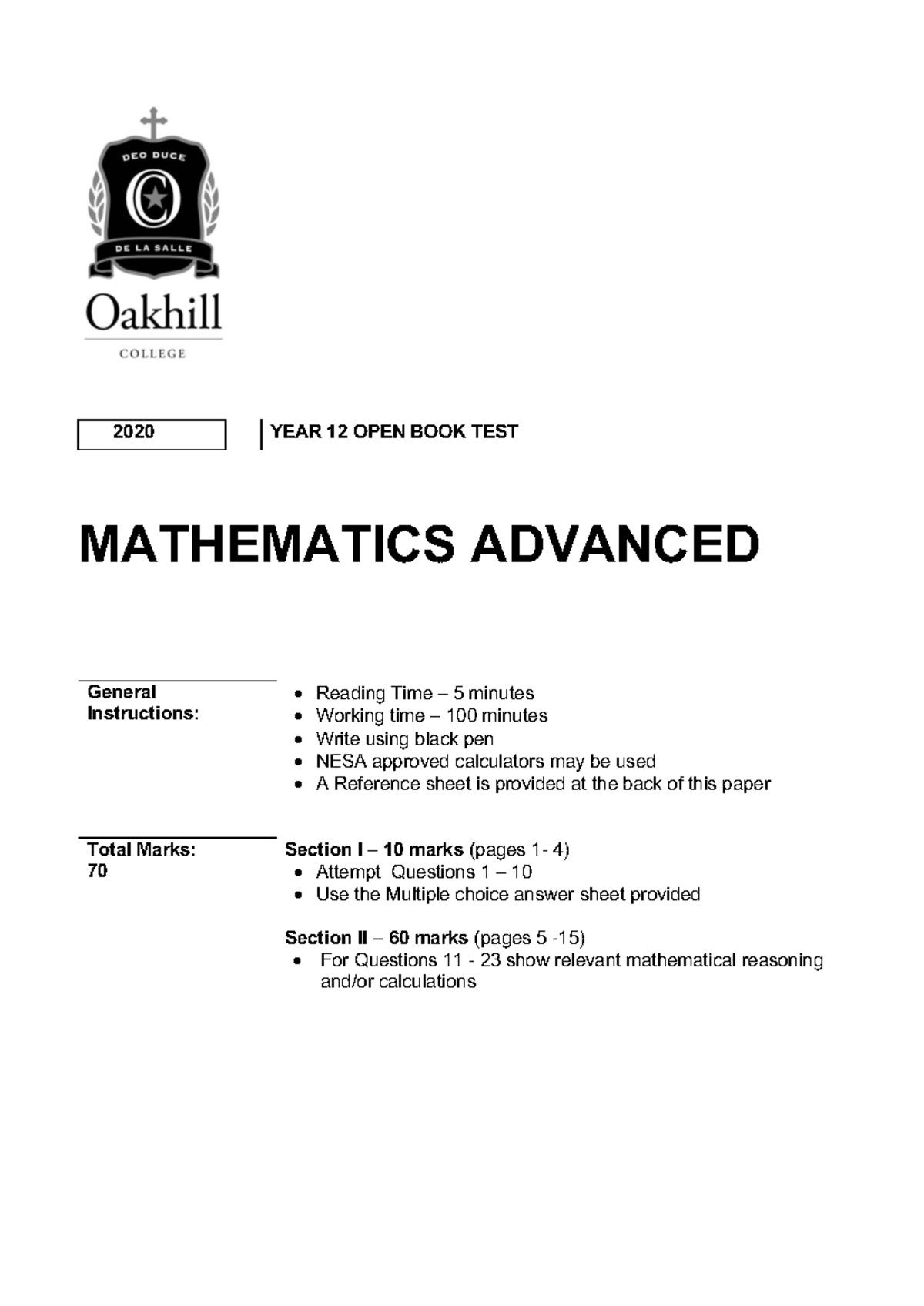2020 Year 12 Mathematics Advanced Open Book Test (12MAT T2) - Studocu