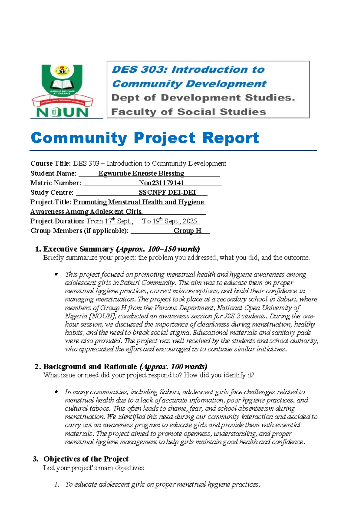 NOUN DES 303 Community Project Report: Menstrual Health Awareness ...