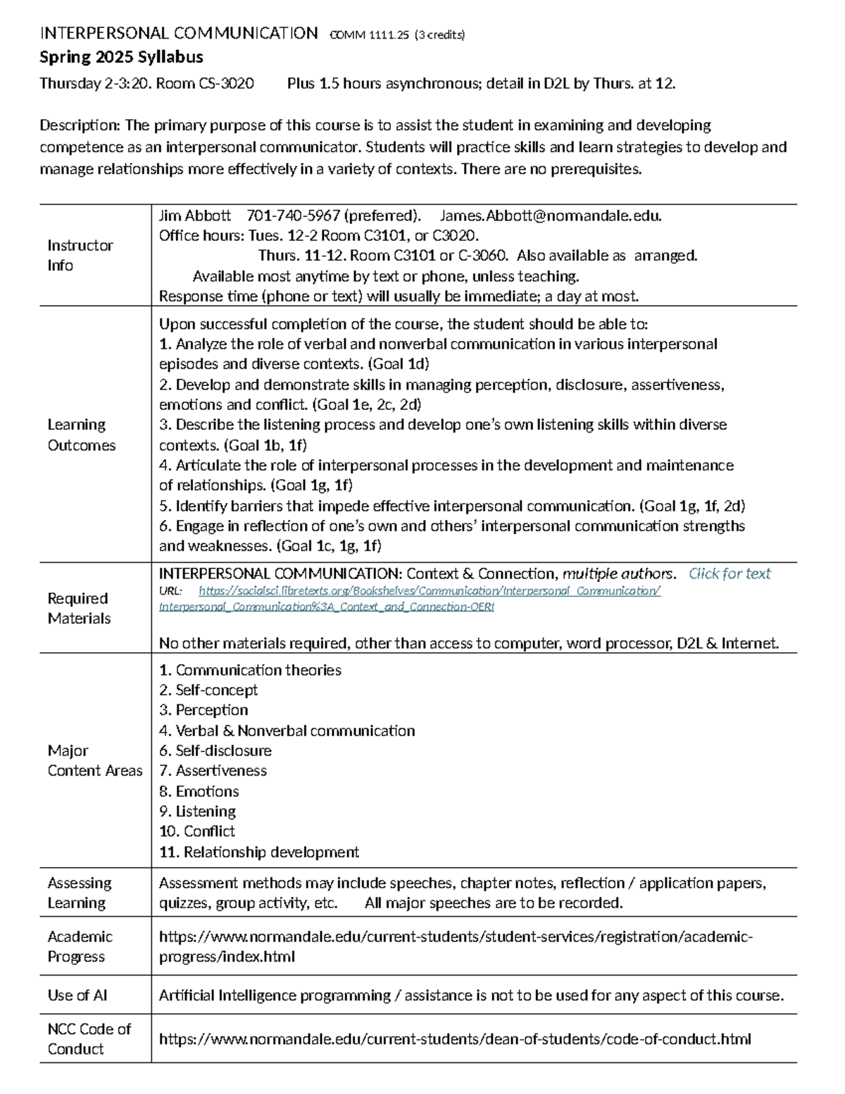 Interpersonal Communication Syllabus - COMM 1111.25 (Spring 2025) - Studocu