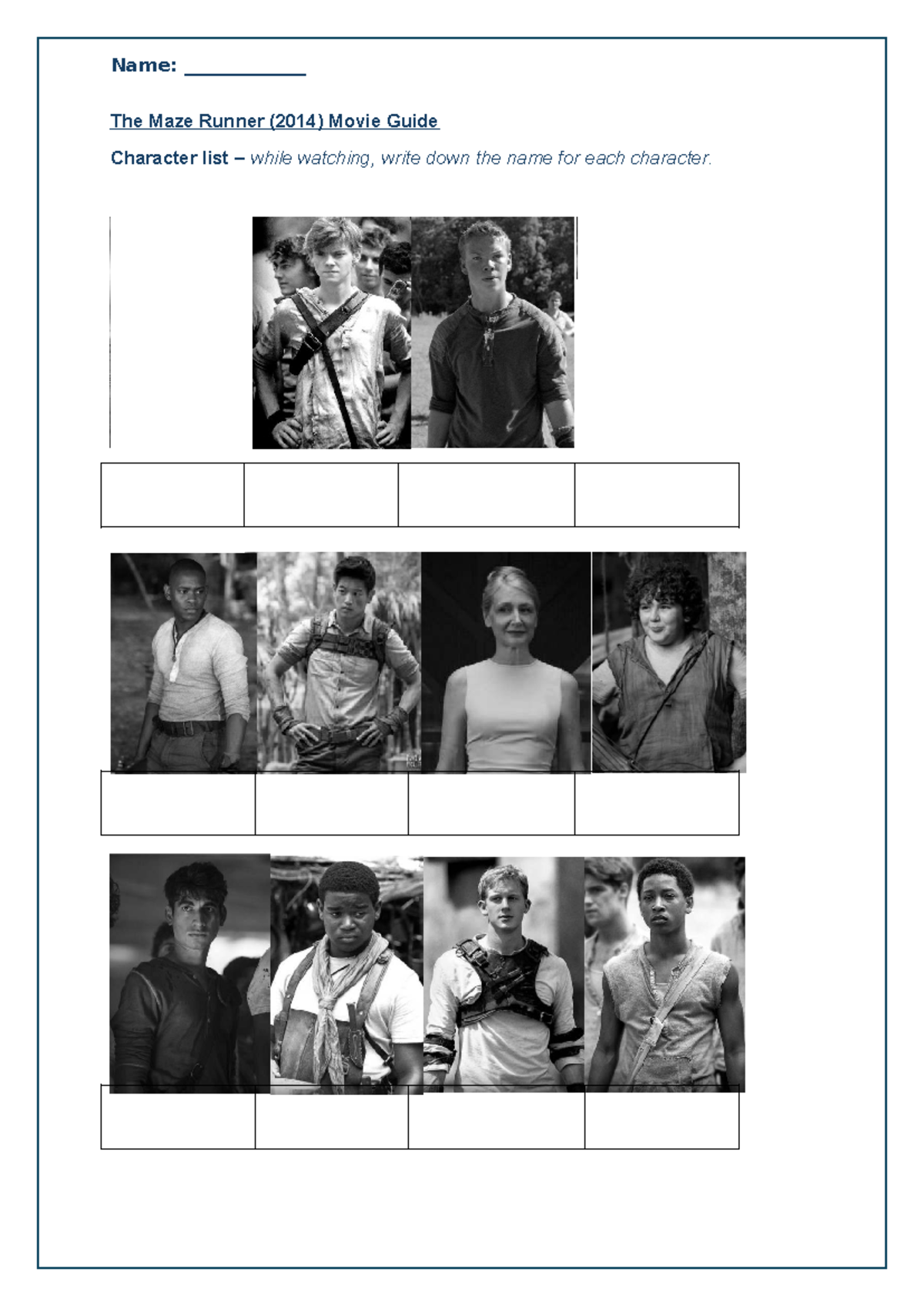 Character chart The Maze Runner - Name: _____________ The Maze Runner ...