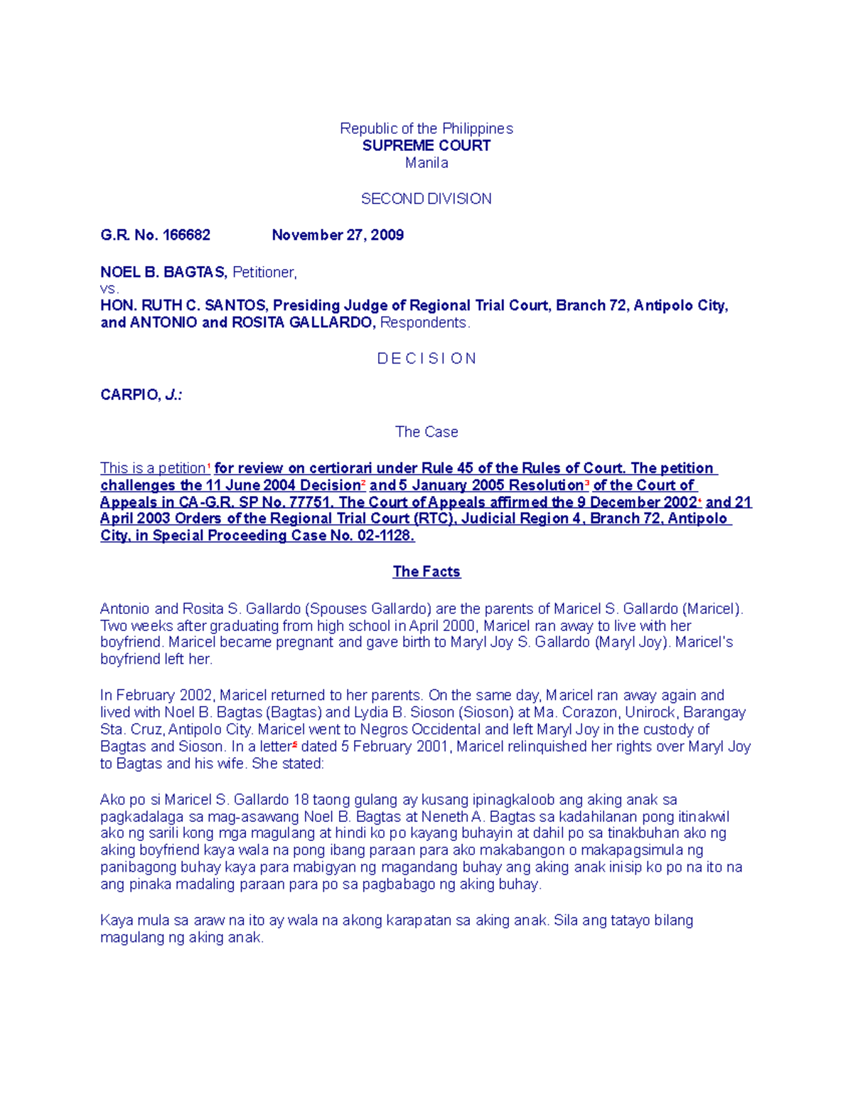 Case Review: 96 Bagtas vs. Hon. Santos on Custody Rights Decision - Studocu