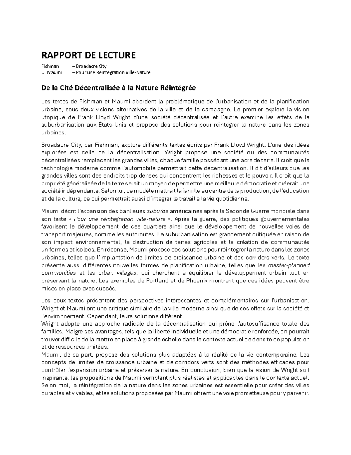 Rapport de lecture - RAPPORT DE LECTURE Fishman – Broadacre City U ...