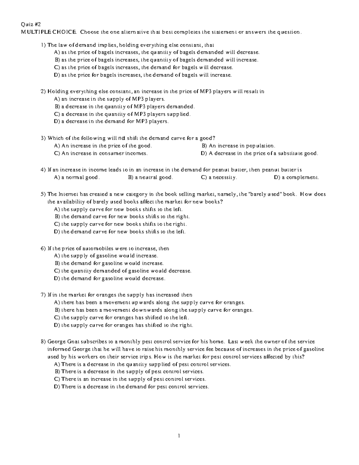 Quiz #2: Demand & Supply Principles in Economics - Studocu