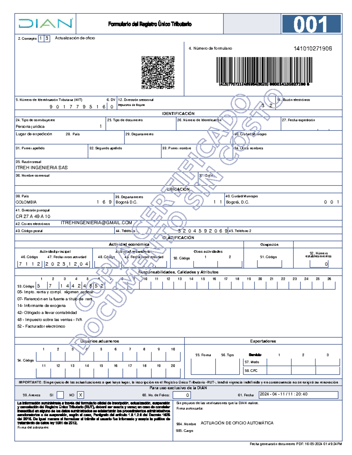Actualización de RUT 141010271906 - Información de la Cámara de ...