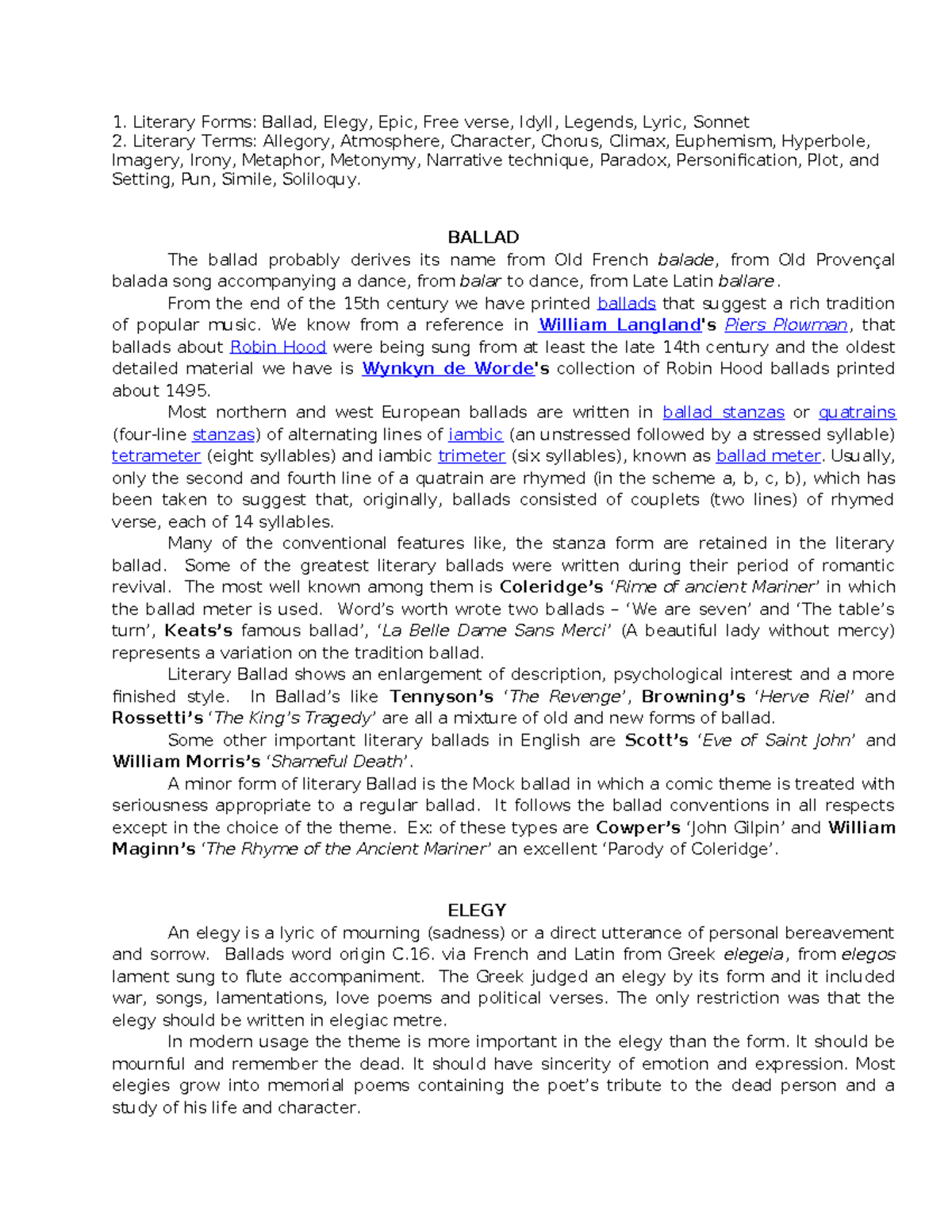 SEP Literary Forms & Terms: Ballad, Elegy, Epic Overview - Studocu