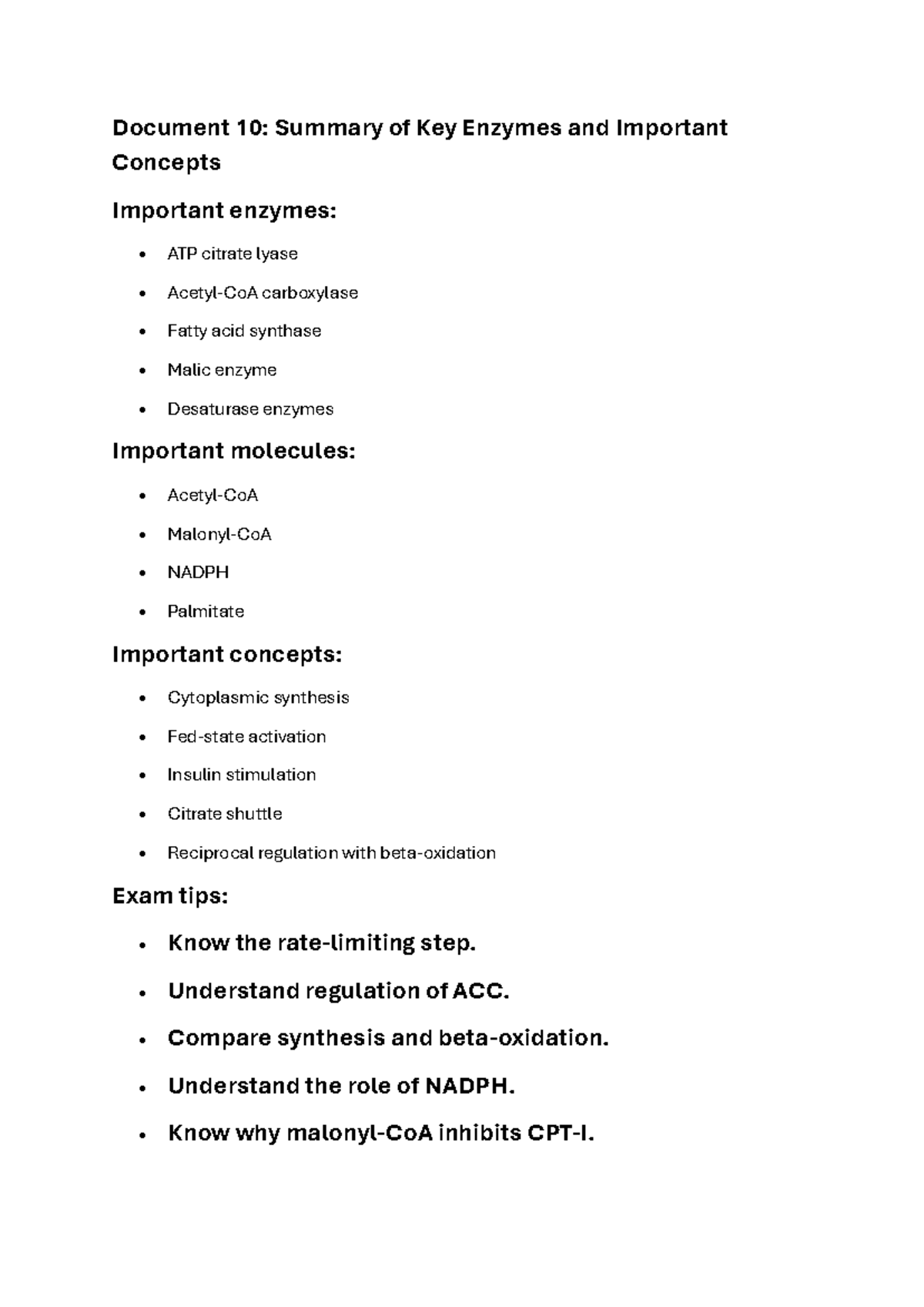 Summary of Key Enzymes and Important Concepts - Document 10: Summary of ...