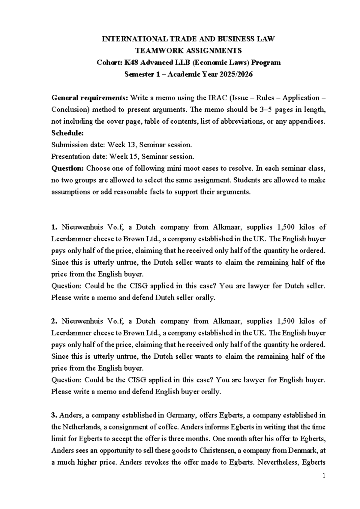 K48 Advanced LLB Teamwork Assignment: IRAC Memo on CISG Cases - Studocu
