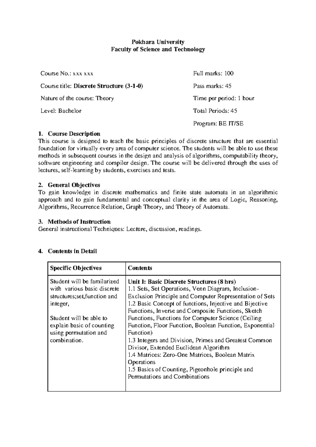 Discrete Structure Syllabus - BE Course No.: 100 Marks - Studocu
